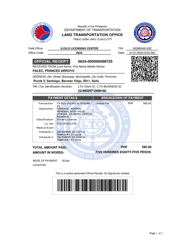 Official Receipt: Land Transportation Office | PDF