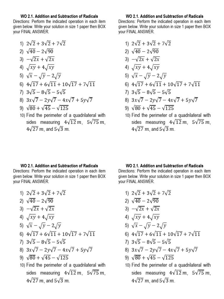 WO 2.1. Addition and Subtraction of Radicals WO 2.1. Addition and ...
