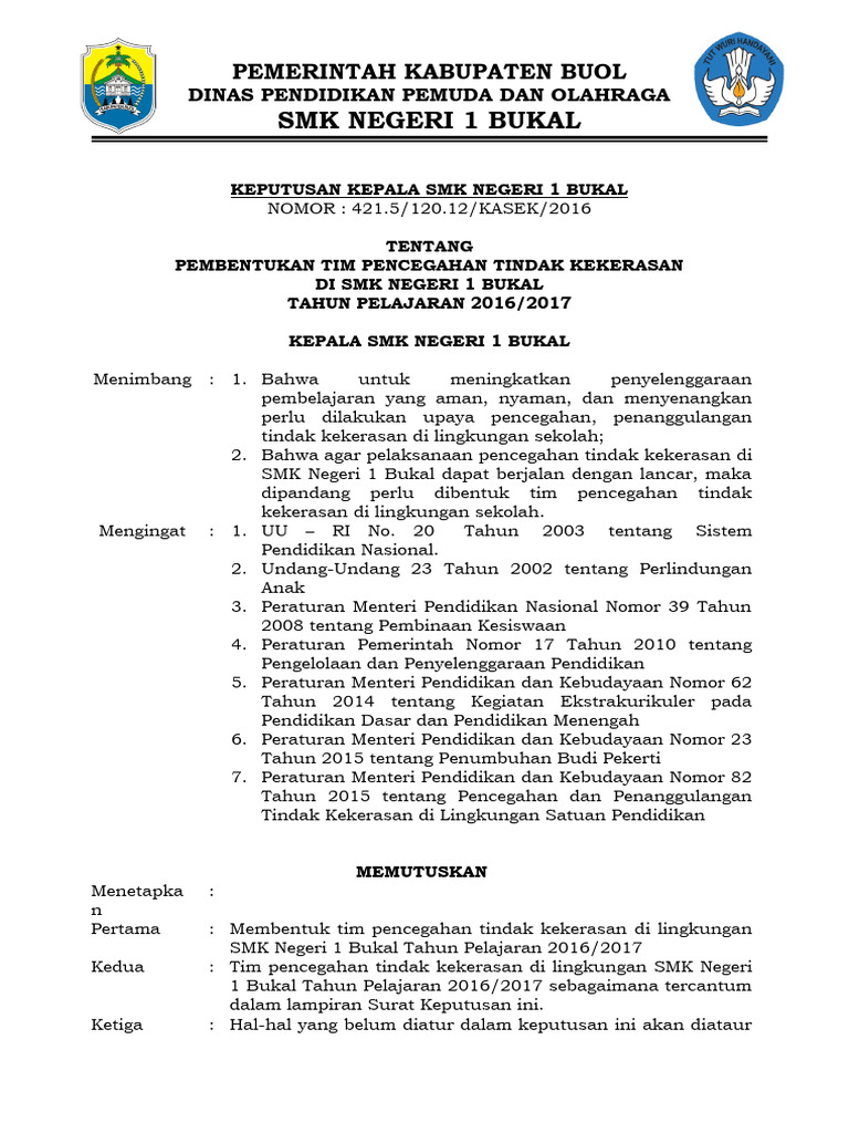 SK Tim Pencegahan Tindak Kekerasan Di Sekolah | PDF