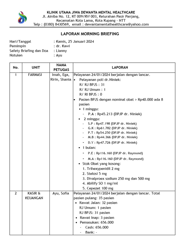 Laporan Morning Briefing Klinik Dewanta | PDF