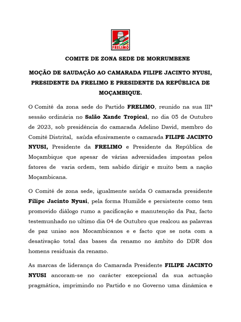 MOCAO DE SAUDACAO AO CAMARADA PRESIDENTE II Sessao | PDF