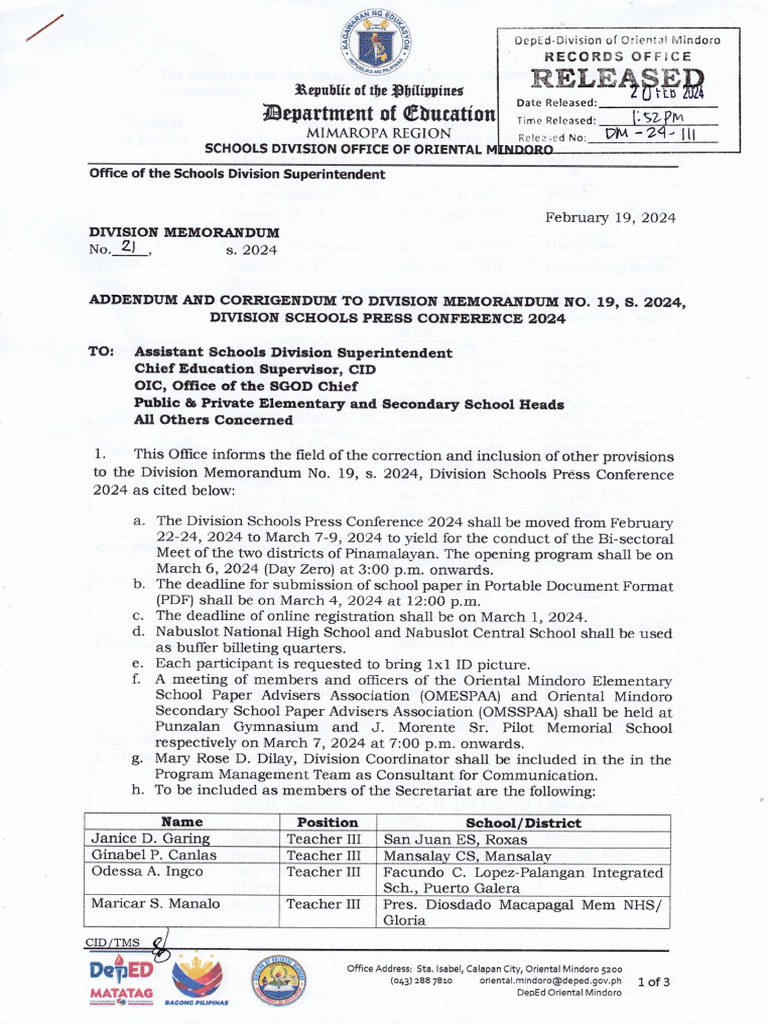 DM021 Addendum and Corrigendum To Division Memorandum No.19 S. 2024 ...