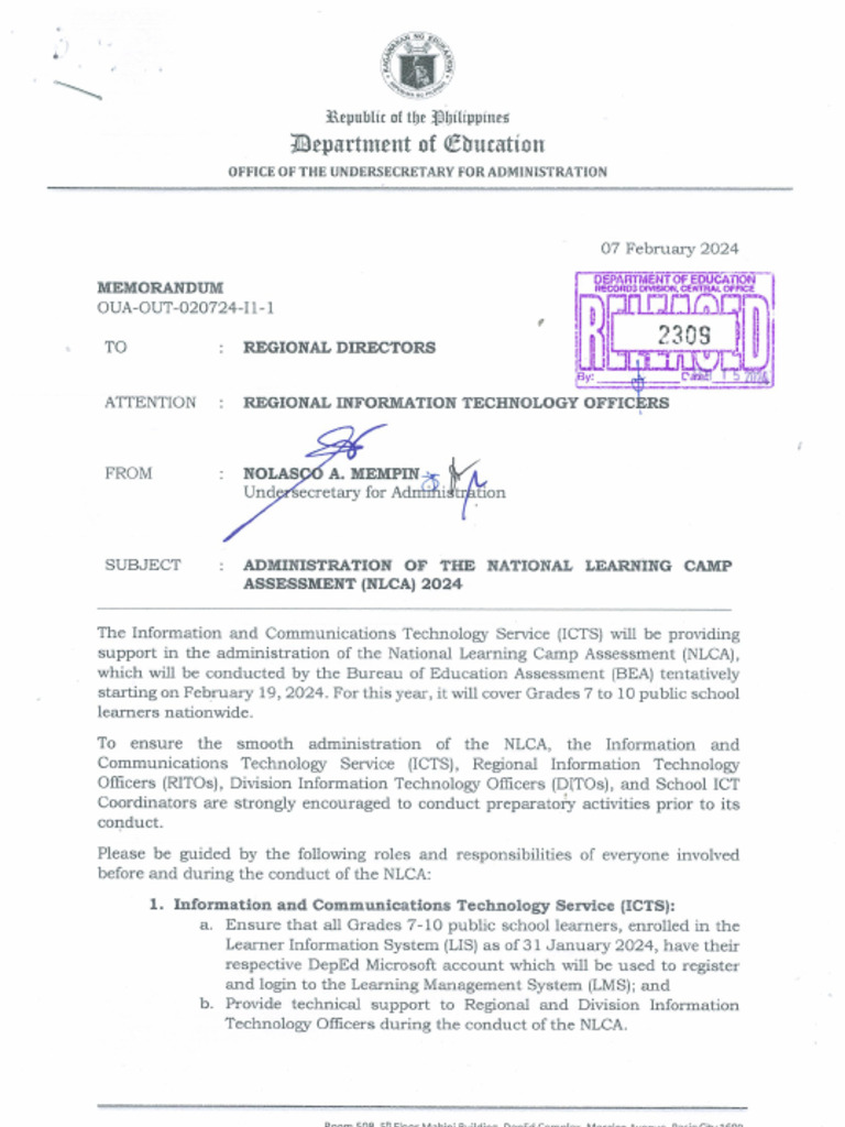 OUA OUT 020724 I1 1 MEMO Administration of The National Learning Camp ...