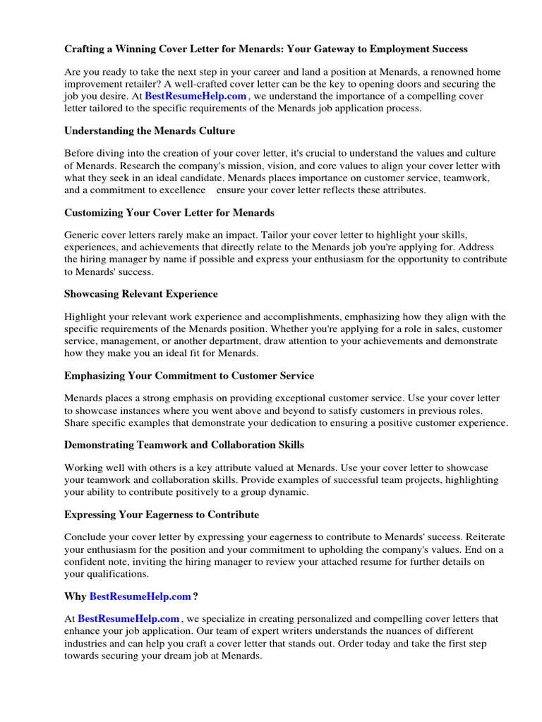 Cover Letter For Menards | PDF | Résumé | Http Cookie