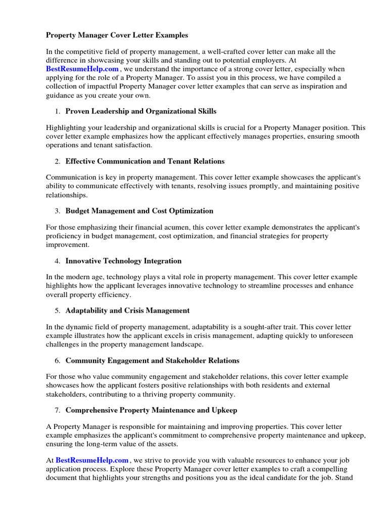 Property Manager Cover Letter Examples | PDF | Crisis Management ...