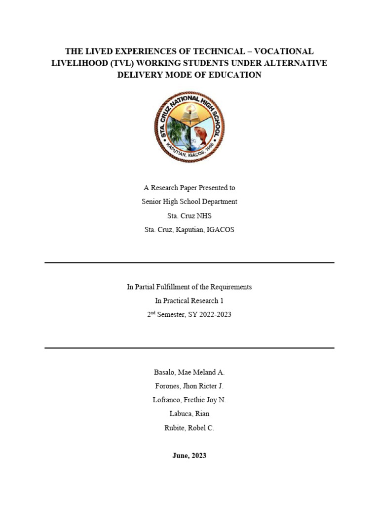 Lived Experience of TVL Working Student Under Alternative Delivery Mode ...