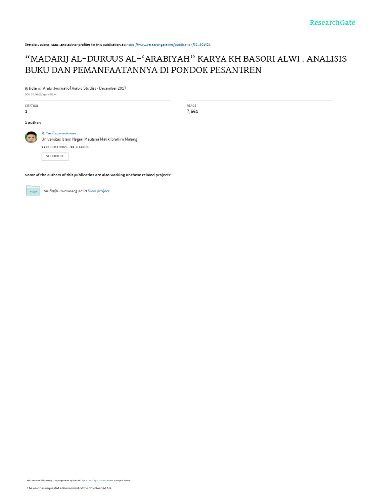 Madarijal Duruusal Arabiyahkaryakhbasorialwianalisisbuku | PDF | Indonesian Language | Indonesia