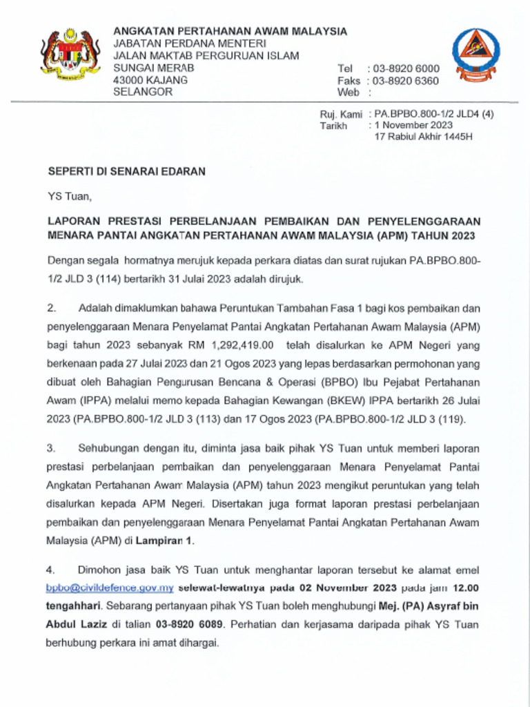 [SURAT]-LAPORAN PRESTASI PERBELANJAAN PEMBAIKAN DAN PENYELENGGARAAN MENARA PANTAI ANGKATAN ...
