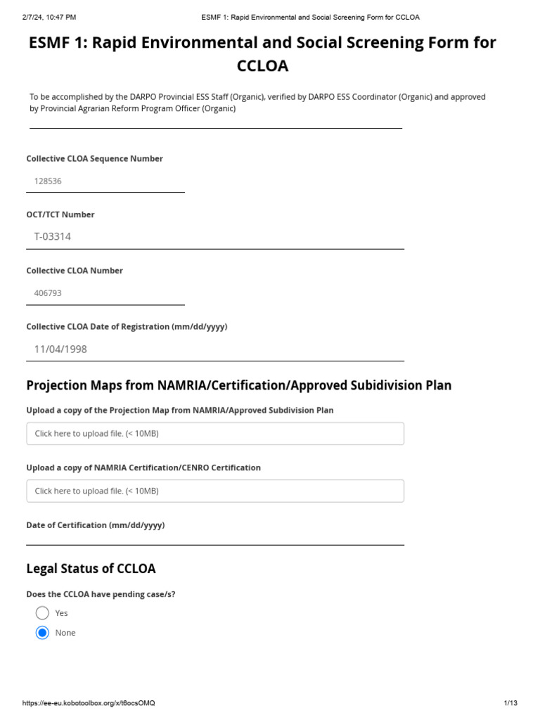 ESMF 1 - Rapid Environmental and Social Screening Form For CCLOA | PDF
