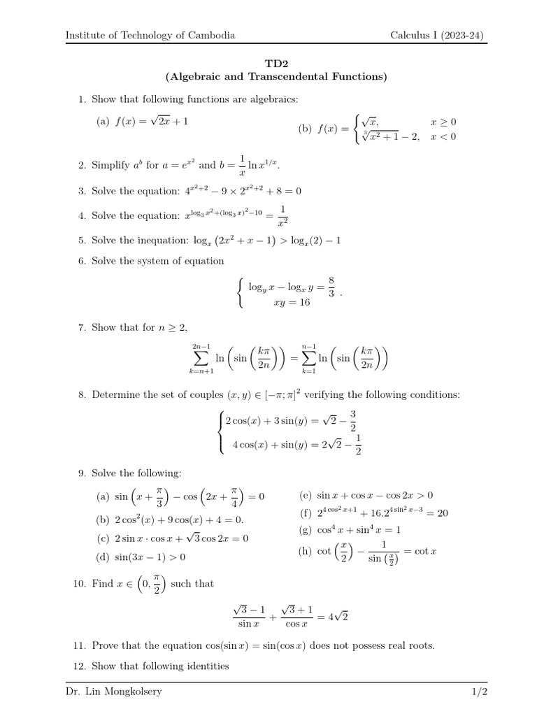 Cal1 TD2 (2023 24) | PDF | Trigonometric Functions | Lie Groups