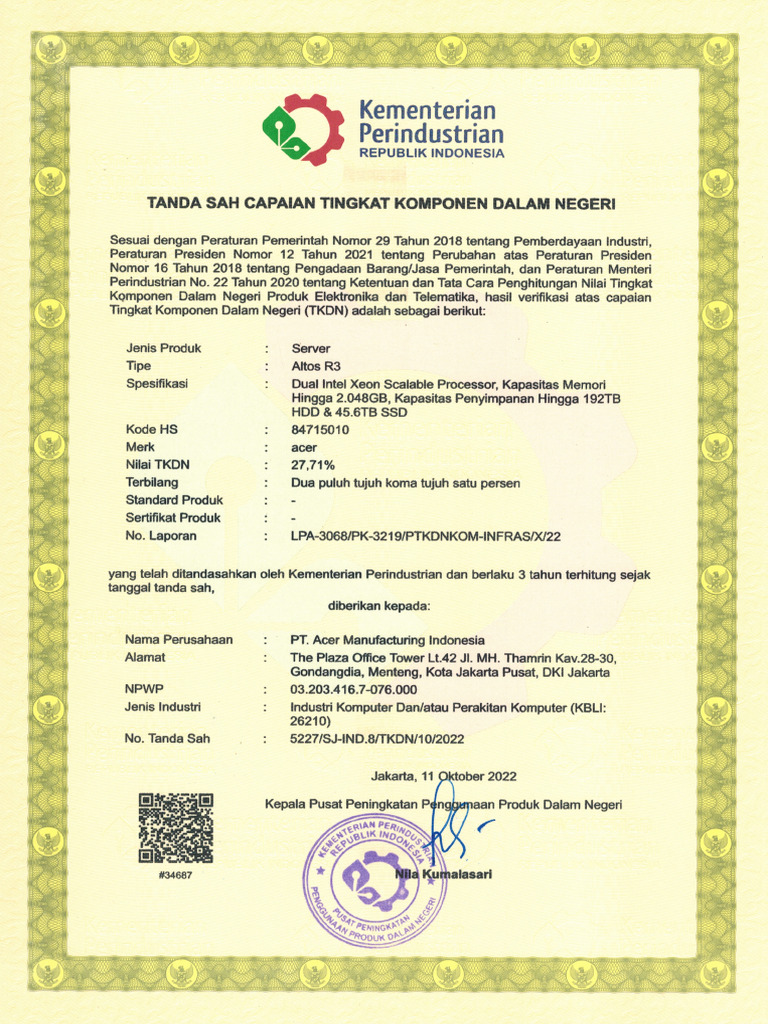 Sertifikat TKDN Altos R3 | PDF