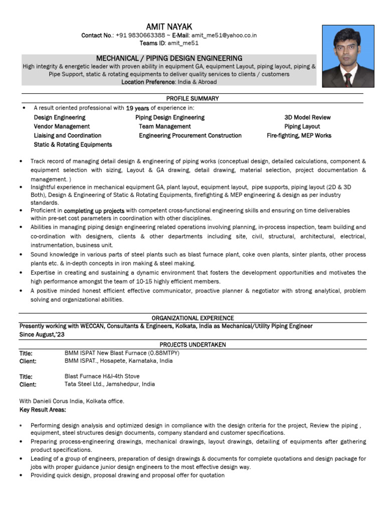 Amit Nayak: Piping Design Engineer CV | PDF | Specification (Technical ...
