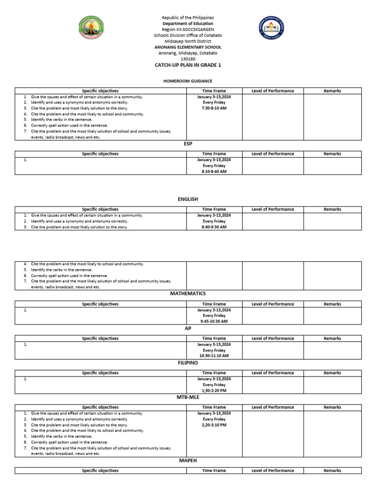 CATCH UP PLAN in GRADE I | PDF | Languages | Foreign Language Studies