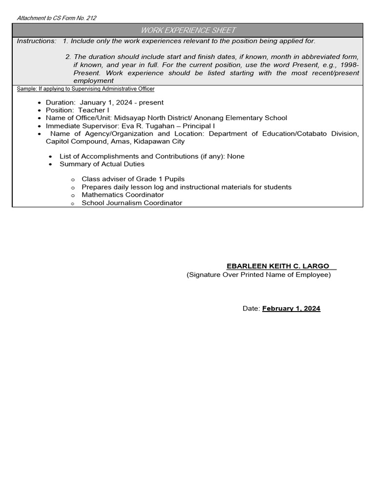 CS Form No. 212 Attachment - Work Experience Sheet | PDF