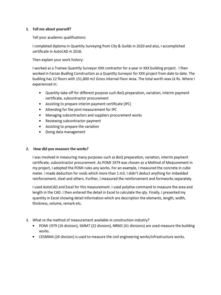 Quantity Surveyor Interview Insights | PDF | Specification (Technical ...