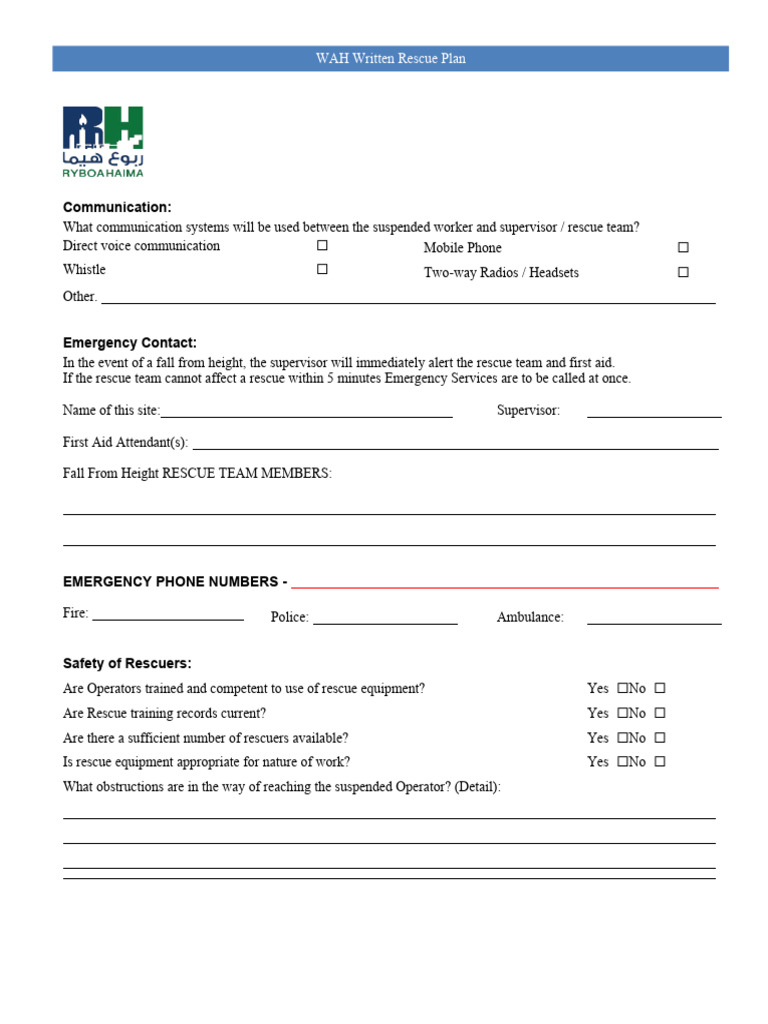 WAH Written Rescue Plan Template | PDF | Emergency | First Aid