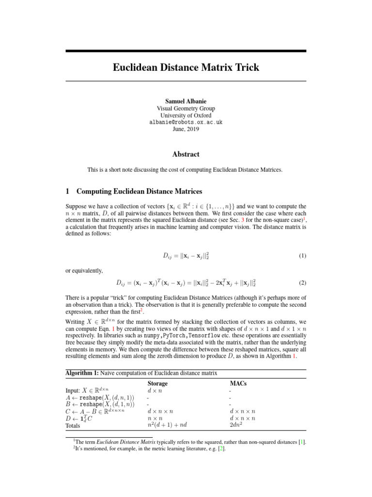 Euclidean Distance Matrix Trick | PDF | Matrix (Mathematics) | Euclidean Vector