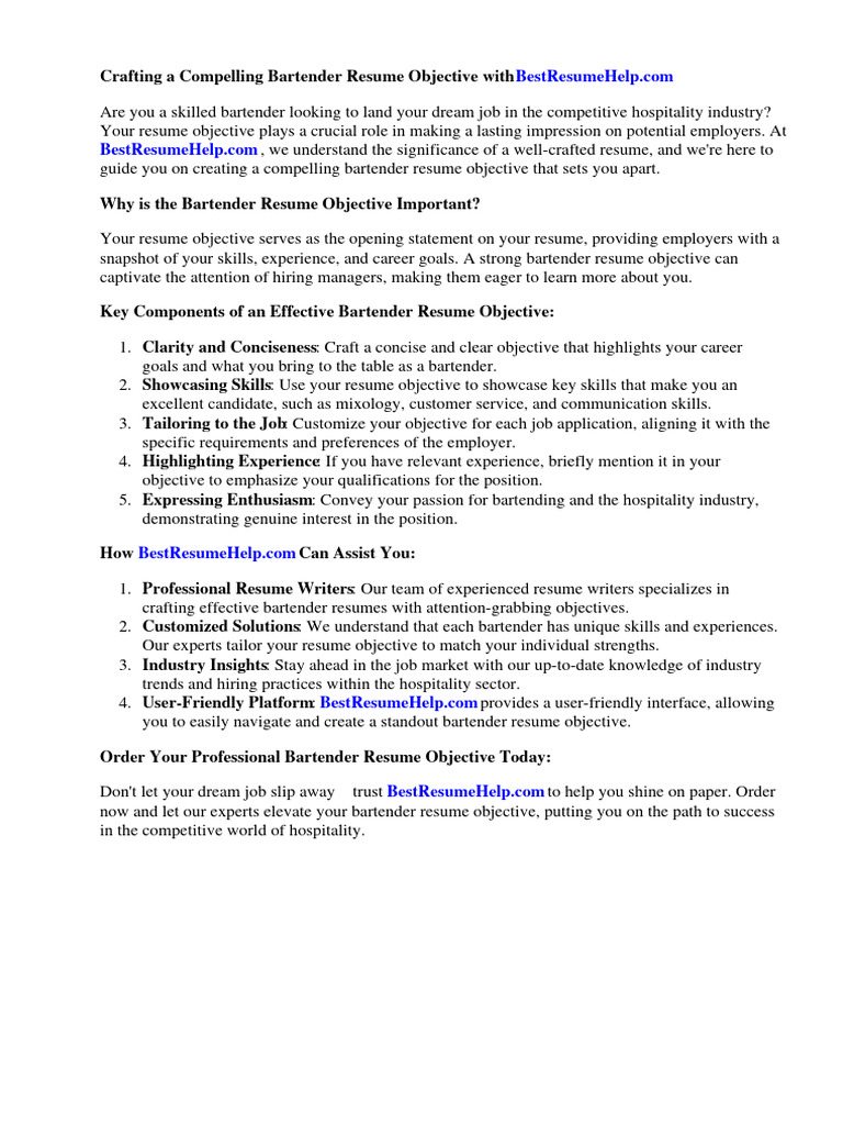 Bartender Resume Objective | PDF | Bartender | Résumé