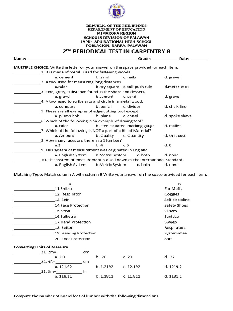 Carpentry 8 Periodical Test | PDF | Tools
