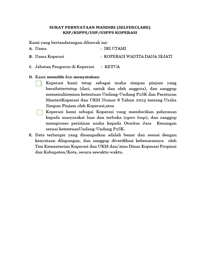 Contoh Pengisian SURAT PERNYATAAN MANDIRI Baru KOSONG | PDF | Bisnis ...