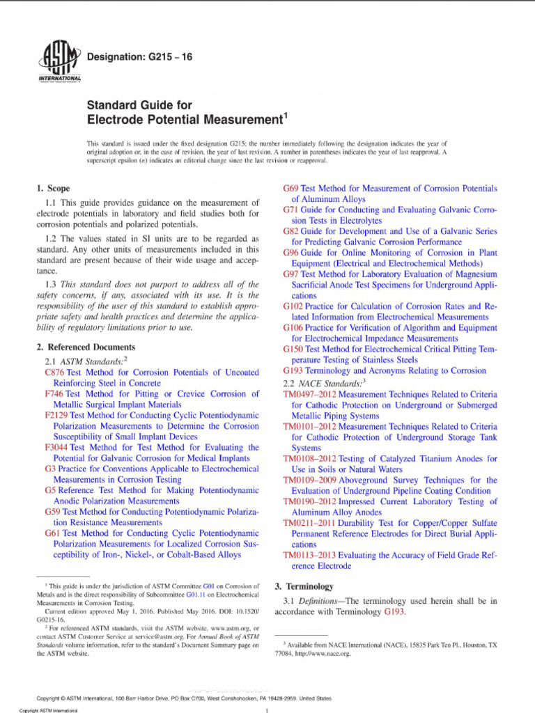 ASTM G215-2016 Standard Guide For Electrode Potential Measurement | PDF