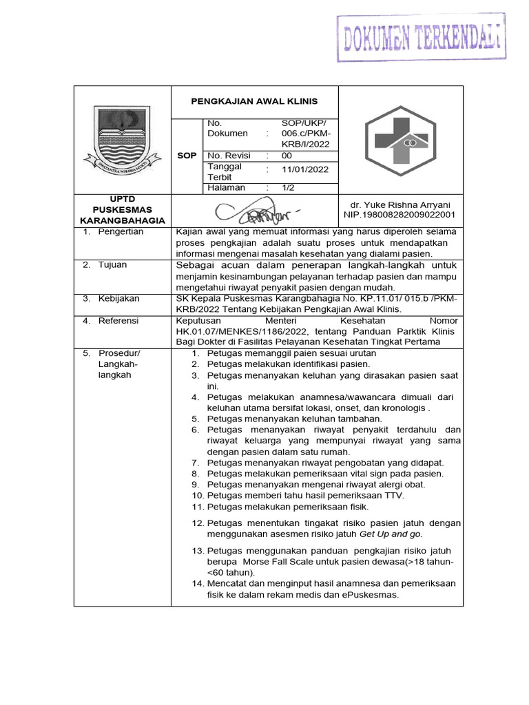(R) Sop Pengkajian Awal Klinis Ok | PDF | Sains & Matematika