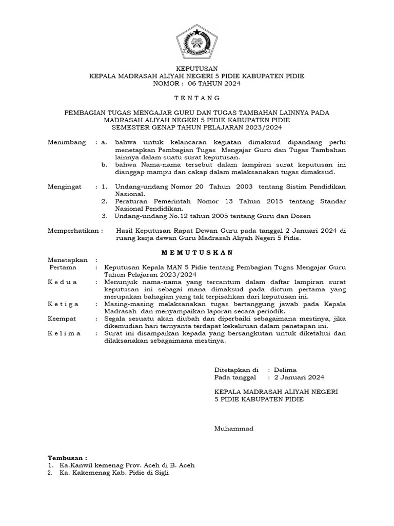 SK Pembagian Tugas Mengajar SMT Genap THN 2023-2024 | PDF