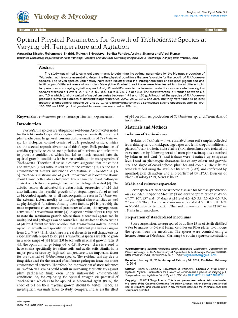 Optimal Physical Parameters For Growth of Trichoderma Species at Varying PH Temperature and ...