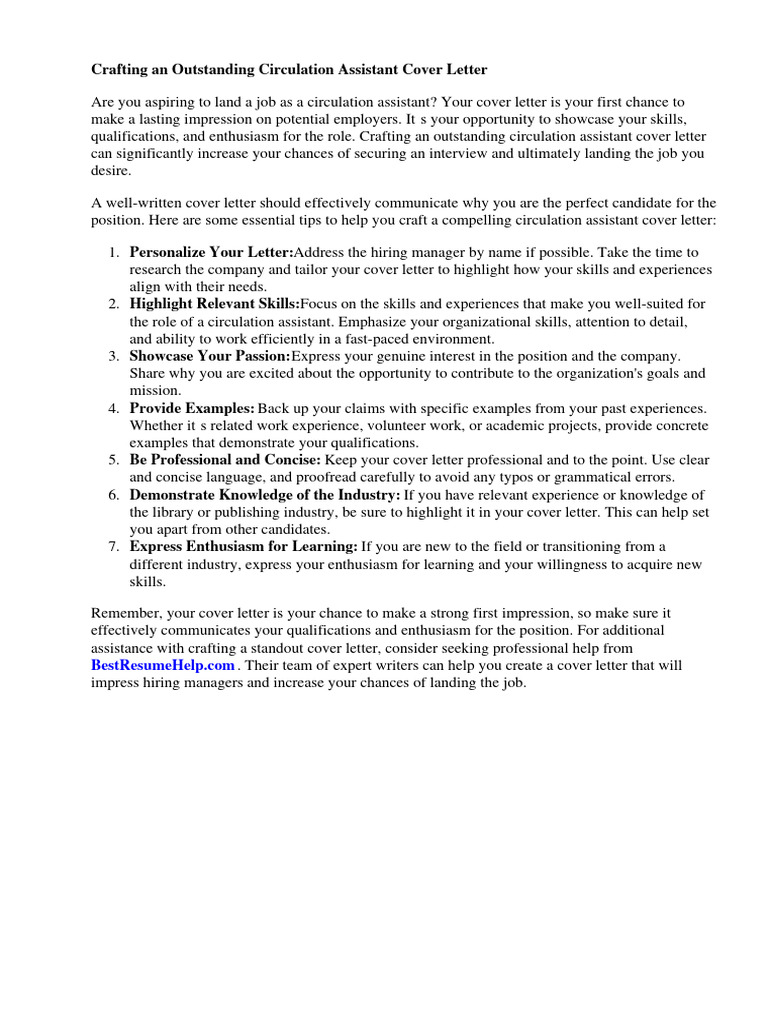 Circulation Assistant Cover Letter | PDF | Cheese | Fermented Drinks