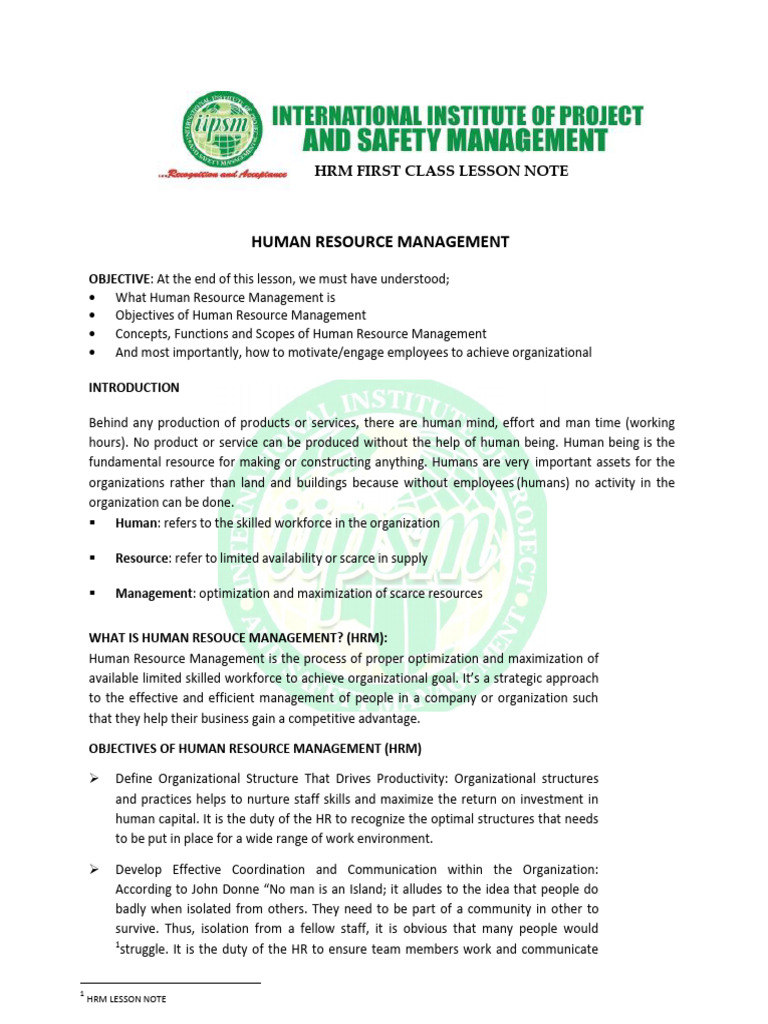 HRM First Class Lesson Note | PDF | Human Resource Management | Human ...