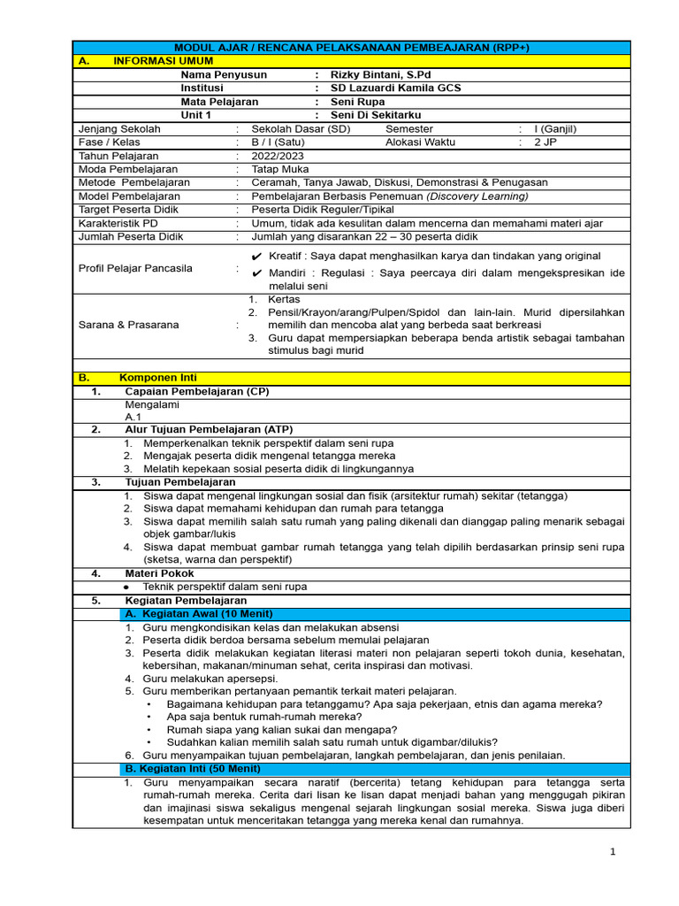 01. MODUL AJAR-RPP SENI RUPA KELAS 1 LAZUARDI KAMILA | PDF