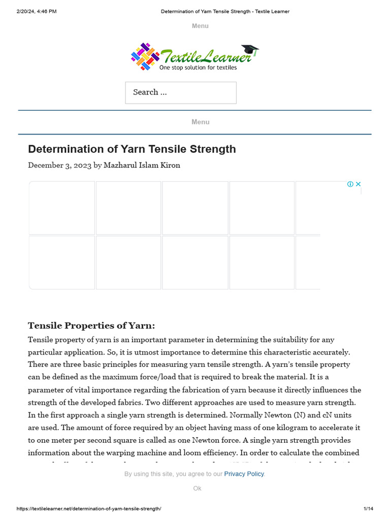 Determination of Yarn Tensile Strength - Textile Learner | PDF | Yarn ...