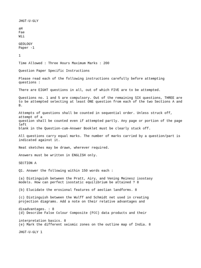 Upsc Ifs Main Geology Paper I Question Paper 2022 2031 | PDF ...