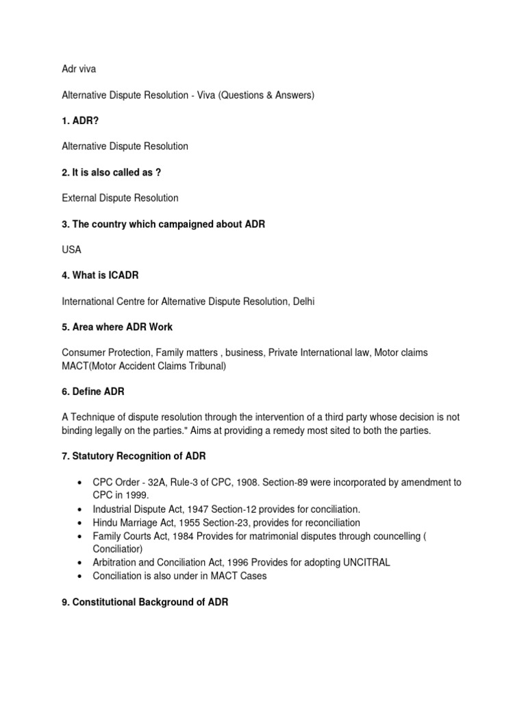 ADR Viva Questions 1 | PDF | Alternative Dispute Resolution | Mediation