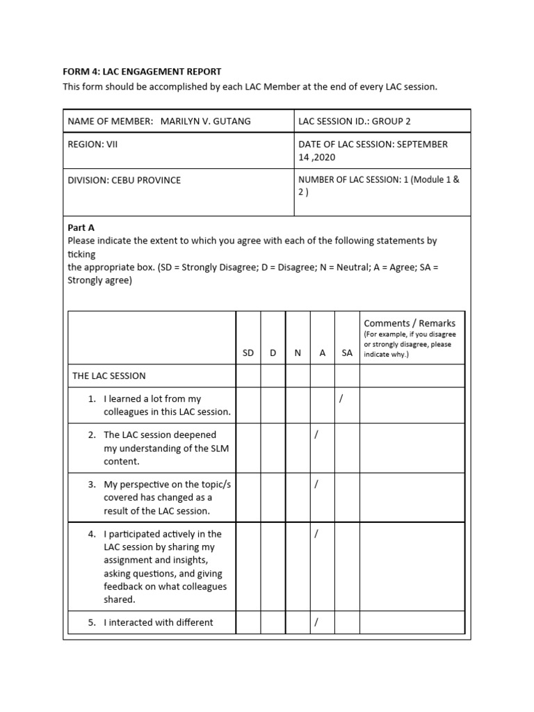 Form 4. LAC Engagement Report | PDF | Human Communication | Cognition