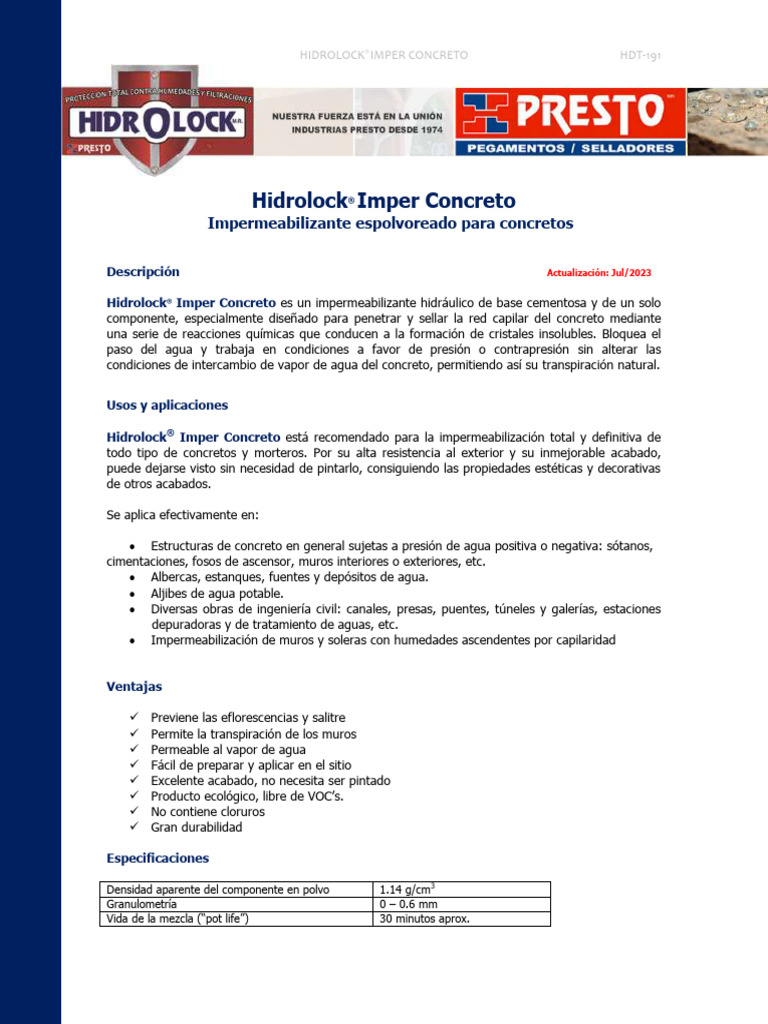 HDT-HIDROLOCK-IMPER-CONCRETO | PDF | Hormigón | Agua