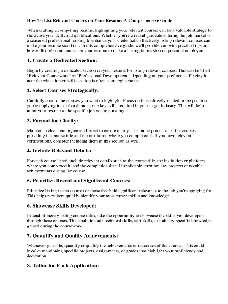 How To List Relevant Coursework On Resume | PDF | Résumé | Internship