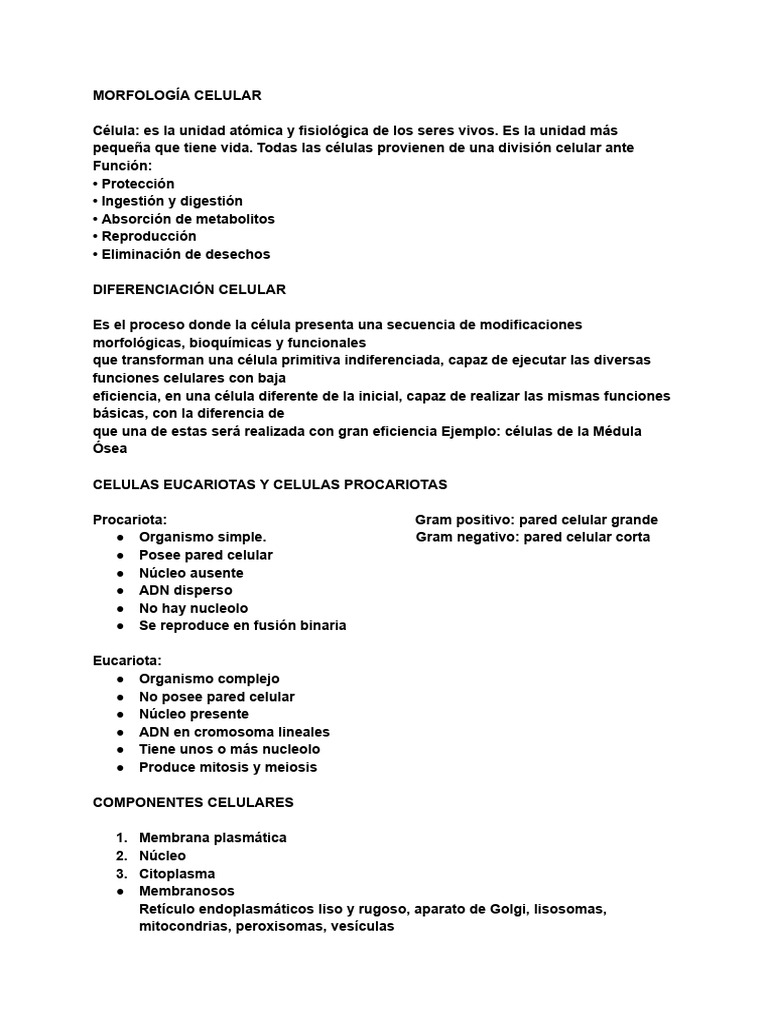 Morfología Celular | PDF | Biología Celular) | Procesos celulares