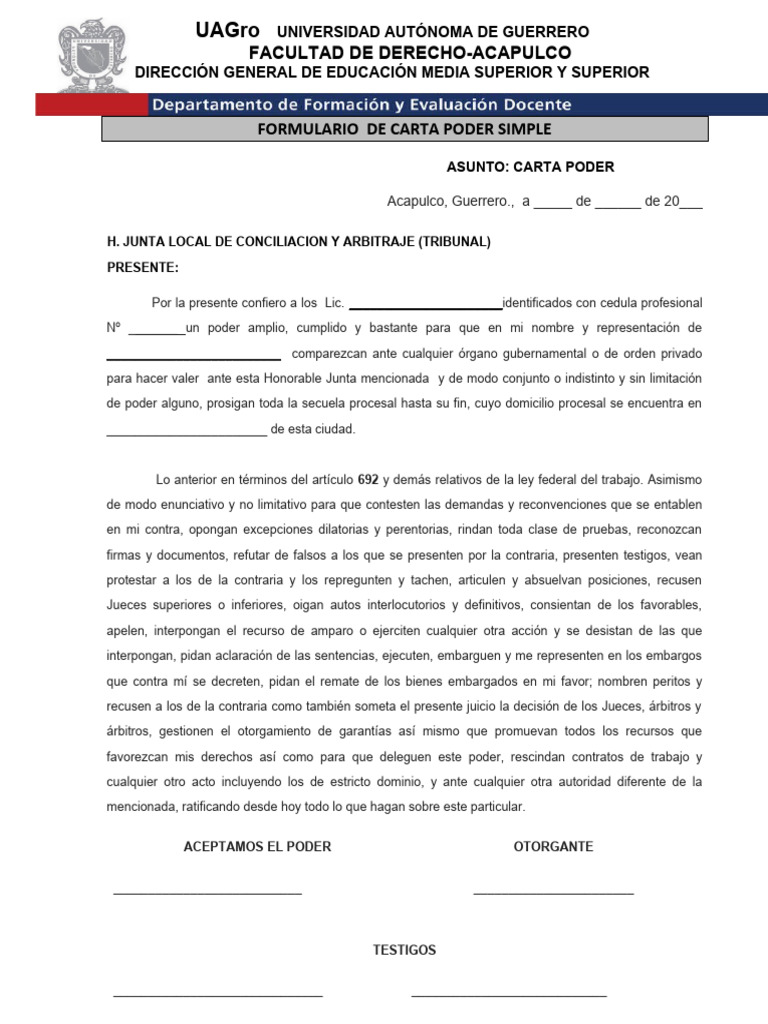 Formulario de Carta Poder Simple | PDF | Ley procesal | Separación de ...