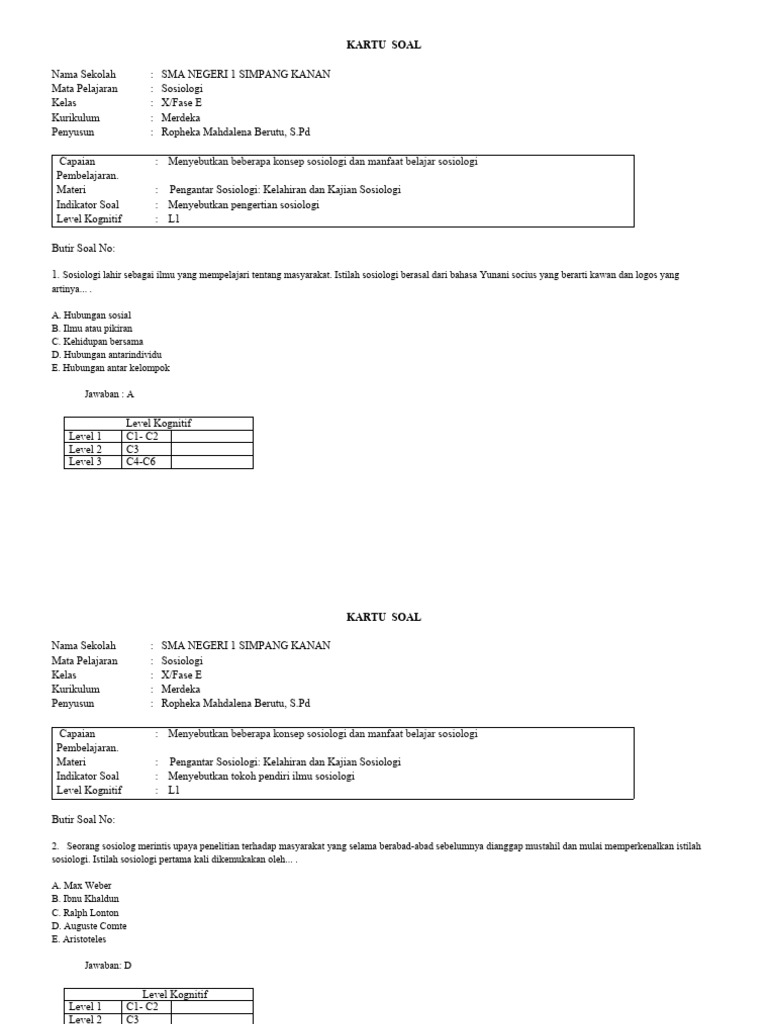Kartu Soal Sosiologi Kelas X Fase e Uas S1 | PDF | Ilmu Sosial | Sains & Matematika