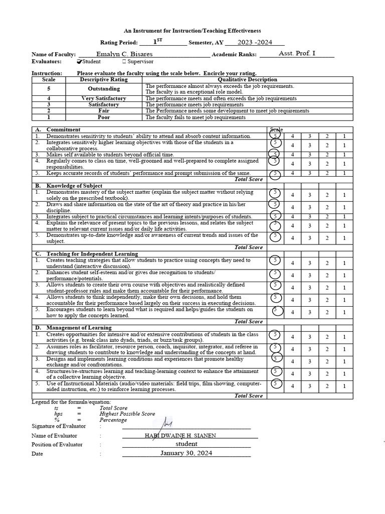 Faculty Evaluation Tool 1st 23 24 Pdf Learning Concept