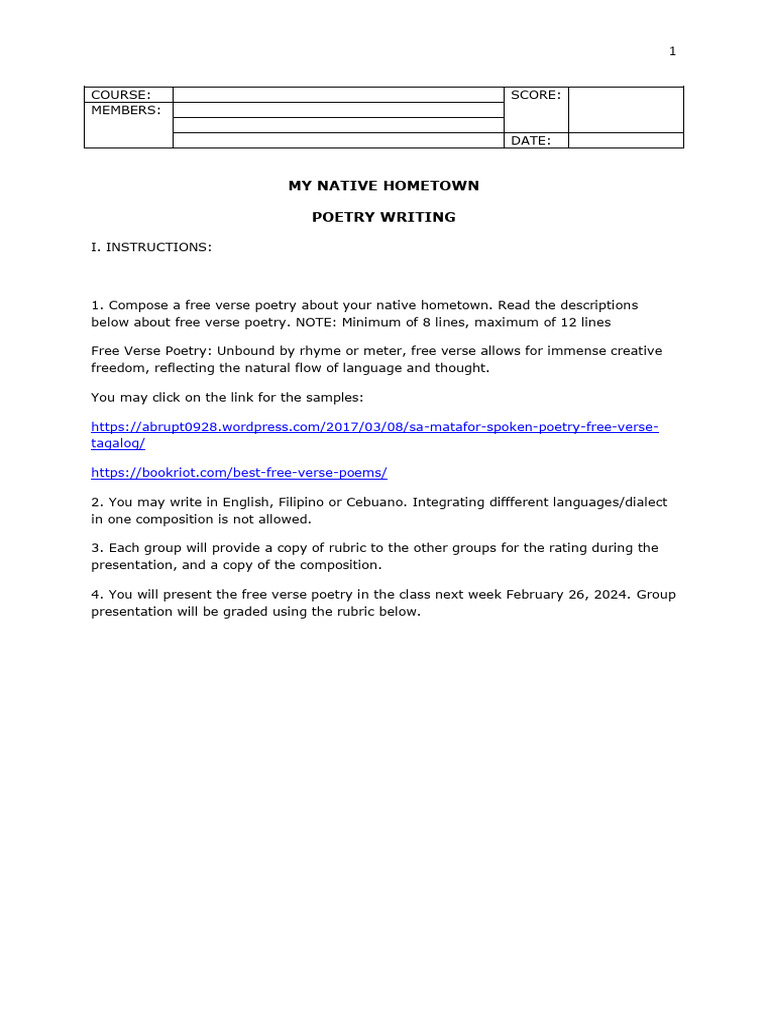 Ge Rizal Group Presentation Rubric | PDF | Poetry | Tagalog Language