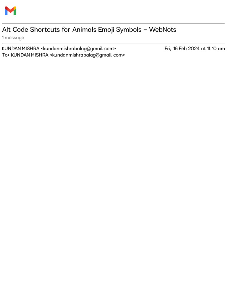 Gmail - Alt Code Shortcuts For Animals Emoji Symbols - WebNots | PDF