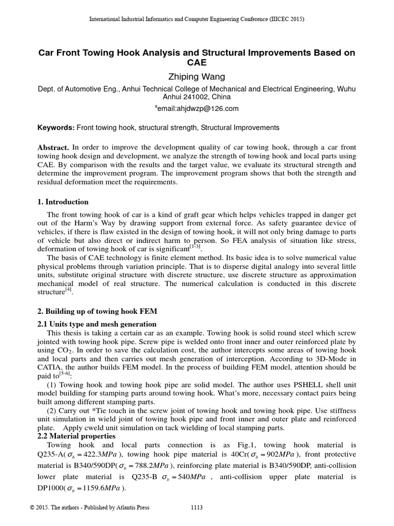Car Front Towing Hook Analysis and Structural Improvements Based On CAE | PDF | Finite Element ...