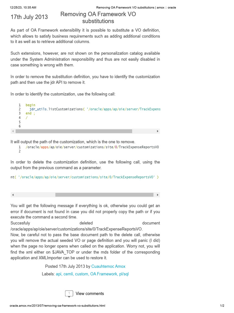 Removing Oa Framework Vo Substitutions Amox Oracle Download Free Pdf Oracle Corporation