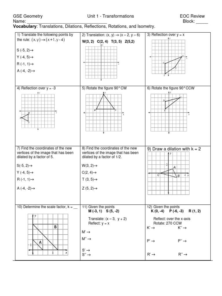 Unit 1 Transformations Eoc Review 2018 | PDF | Cartesian Coordinate ...