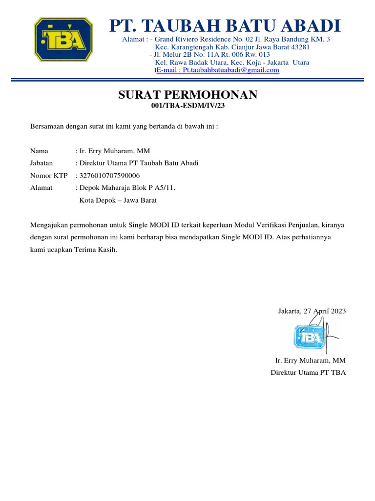 Surat Permohonan Modi ID PT TBA | PDF