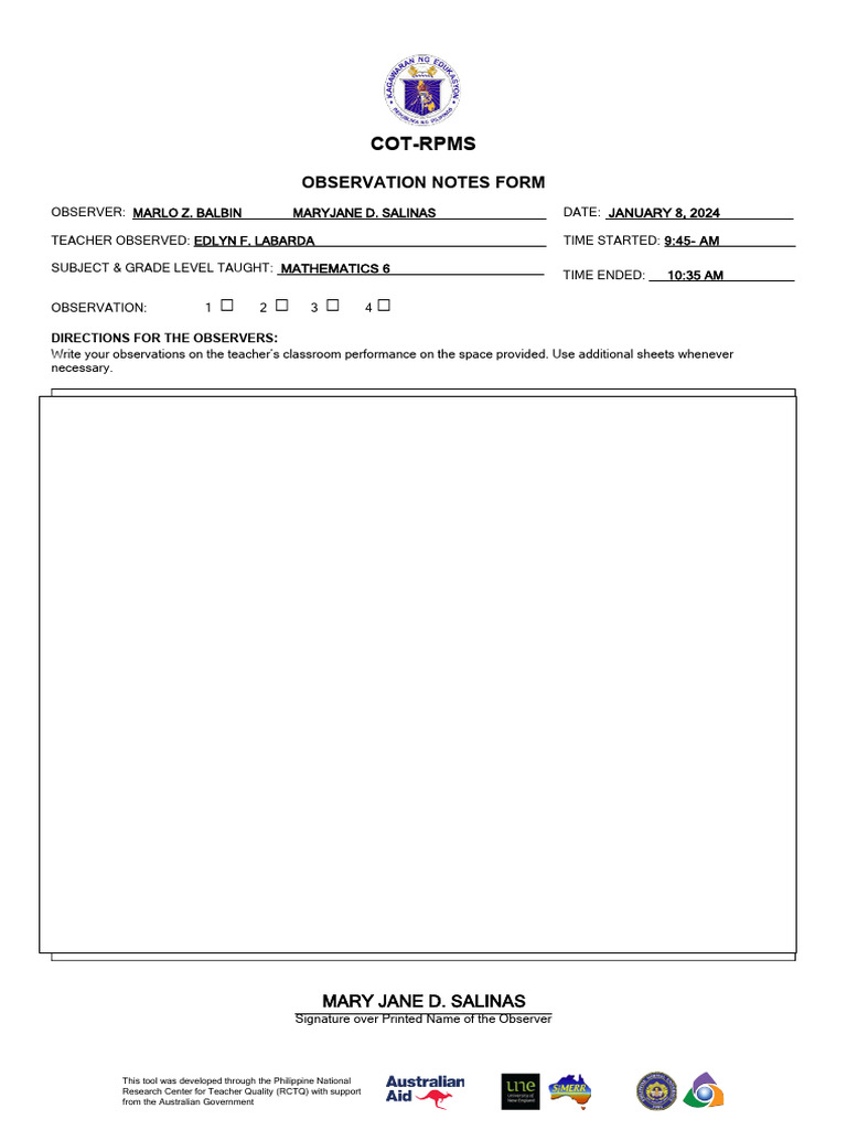 Appendix C 08 COT RPMS Observation Notes Form | PDF