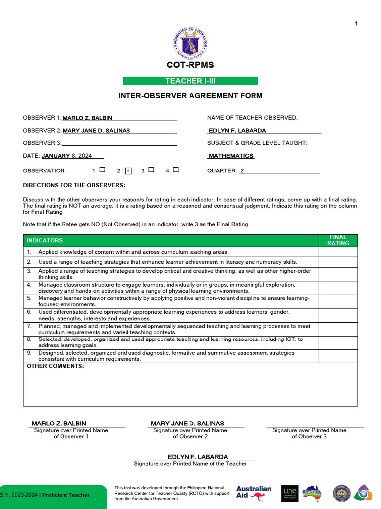 Appendix C 09 COT RPMS Inter Observer Agreement Form For T I III For SY 2022 2023 | PDF ...