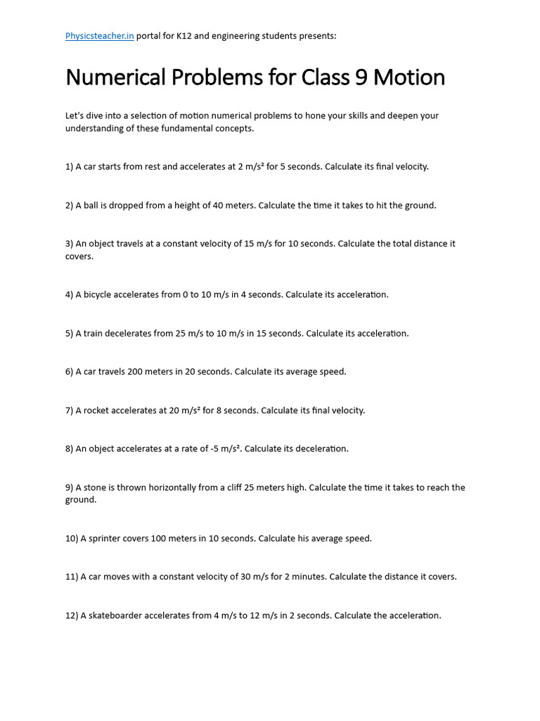 Physics Numericals Motion Class 9 | PDF | Acceleration | Speed